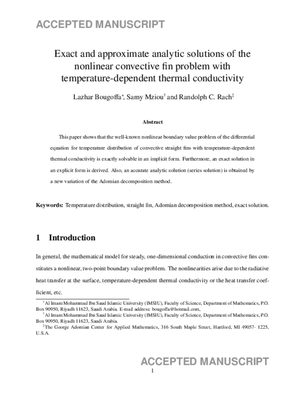 (PDF) Exact and approximate analytic solutions of the nonlinear convective fin problem with ...