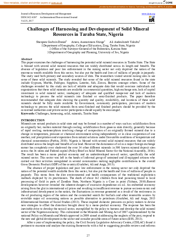 (PDF) Challenges of Harnessing and Development of Solid Mineral ...