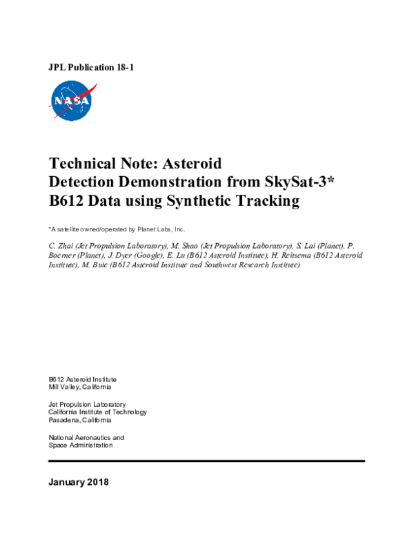 (PDF) Technical Note: Asteroid Detection Demonstration from SkySat-3 - B612 Data Using Synthetic ...