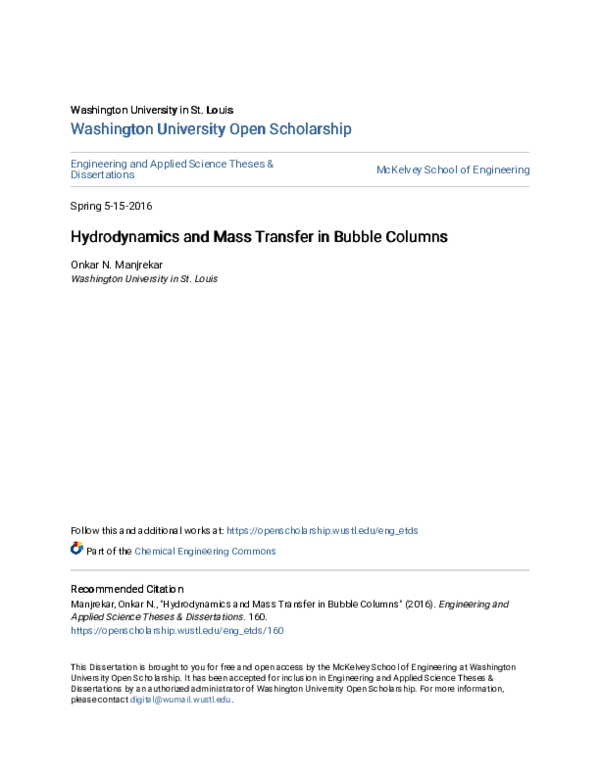 (PDF) Hydrodynamics and Mass Transfer in Bubble Columns