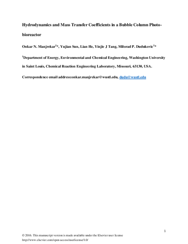 (PDF) Hydrodynamics and mass transfer coefficients in a bubble column photo-bioreactor