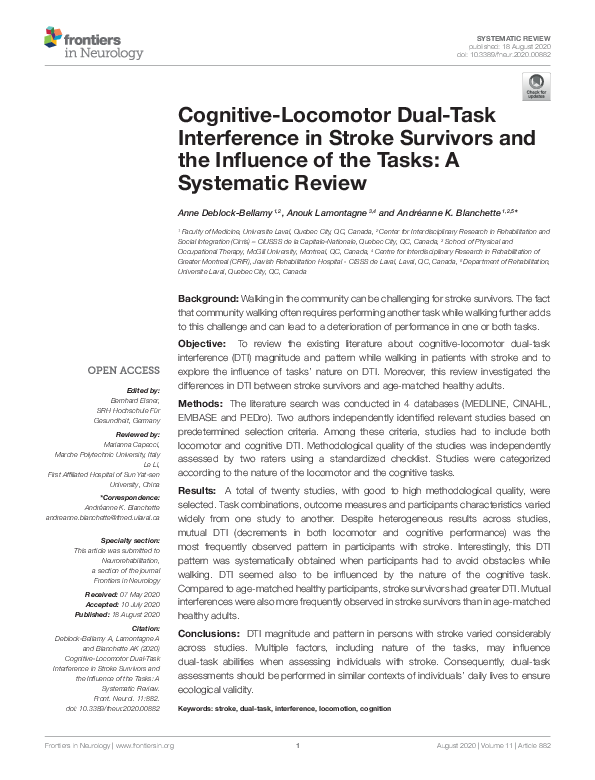 (PDF) Cognitive-Locomotor Dual-Task Interference in Stroke Survivors and the Influence of the ...