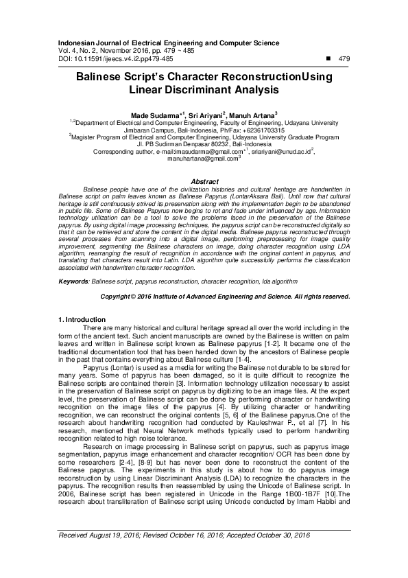 Pdf Balinese Scripts Character Reconstruction Using Linear Discriminant Analysis