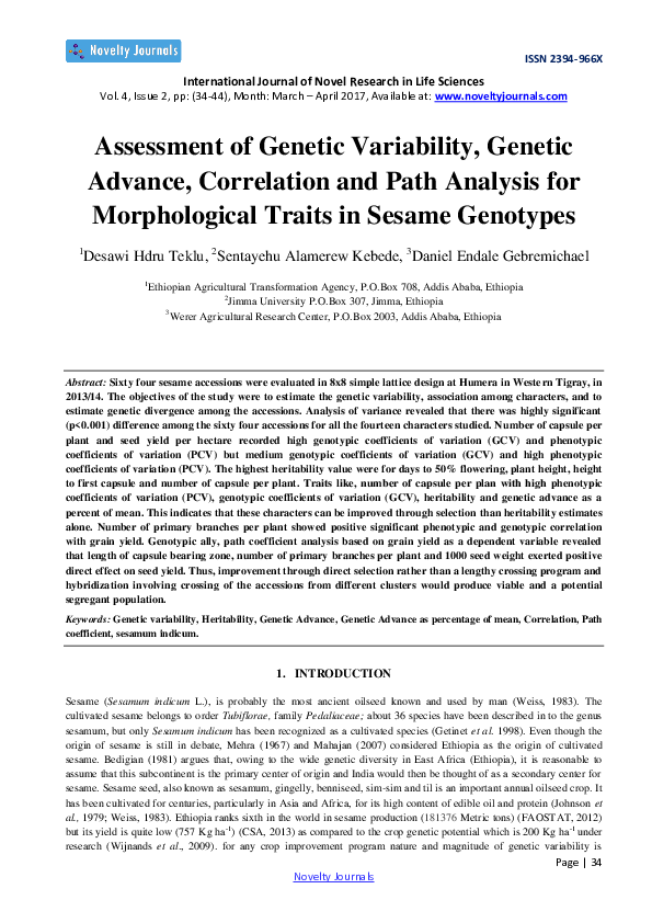 (PDF) Assessment of Genetic Variability, Genetic Advance, Correlation and Path Analysis for ...