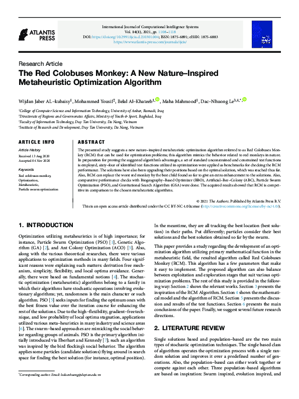(PDF) The Red Colobuses Monkey: A New Nature–Inspired Metaheuristic Optimization Algorithm