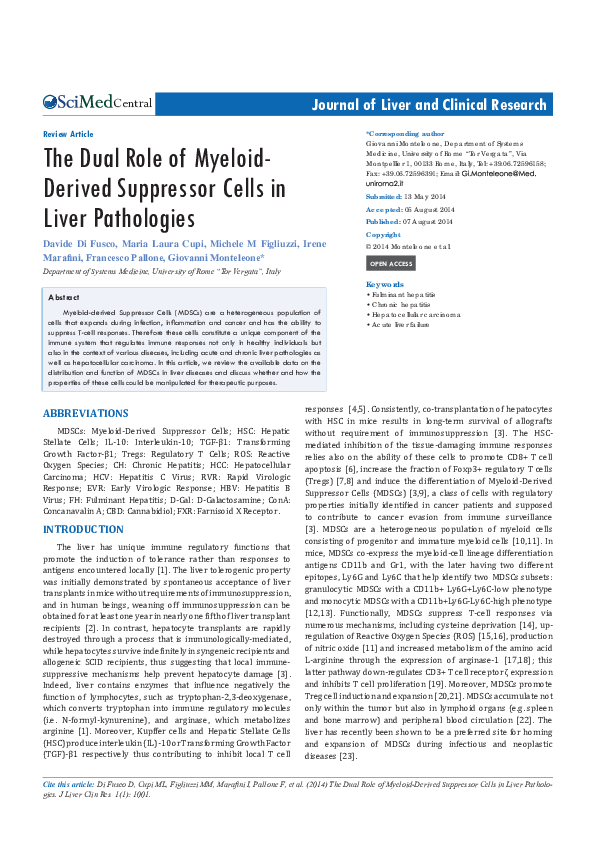 (PDF) The Dual Role of Myeloid- Derived Suppressor Cells in Liver Pathologies