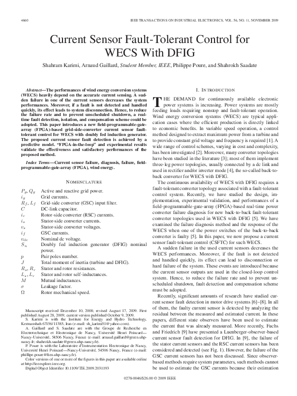 (PDF) Current Sensor Fault-Tolerant Control for WECS With DFIG