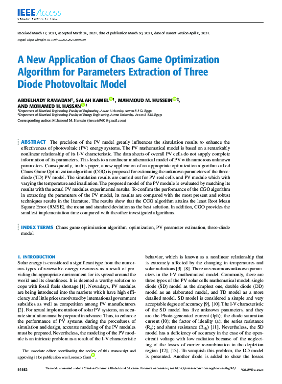 Pdf A New Application Of Chaos Game Optimization Algorithm For Parameters Extraction Of Three