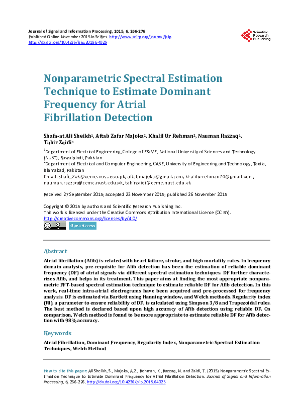 Pdf Nonparametric Spectral Estimation Technique To Estimate Dominant Frequency For Atrial