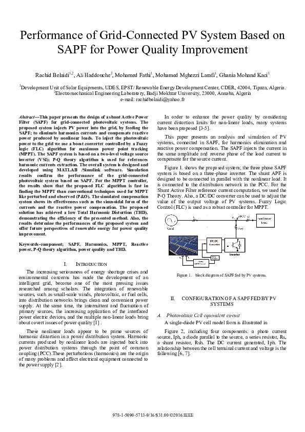 Pdf Performance Of Grid Connected Pv System Based On Sapf For Power