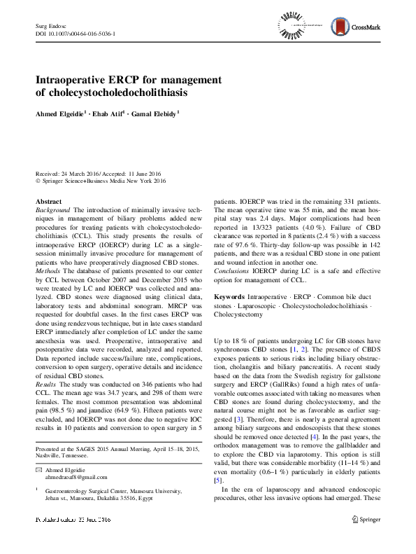 (PDF) Intraoperative ERCP for management of cholecystocholedocholithiasis