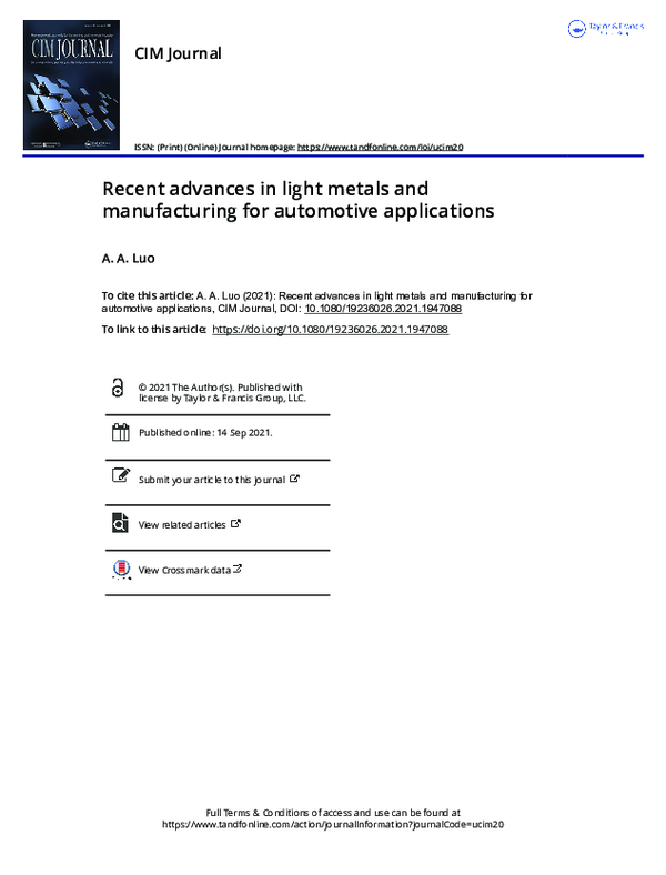 (PDF) Recent advances in light metals and manufacturing for automotive ...