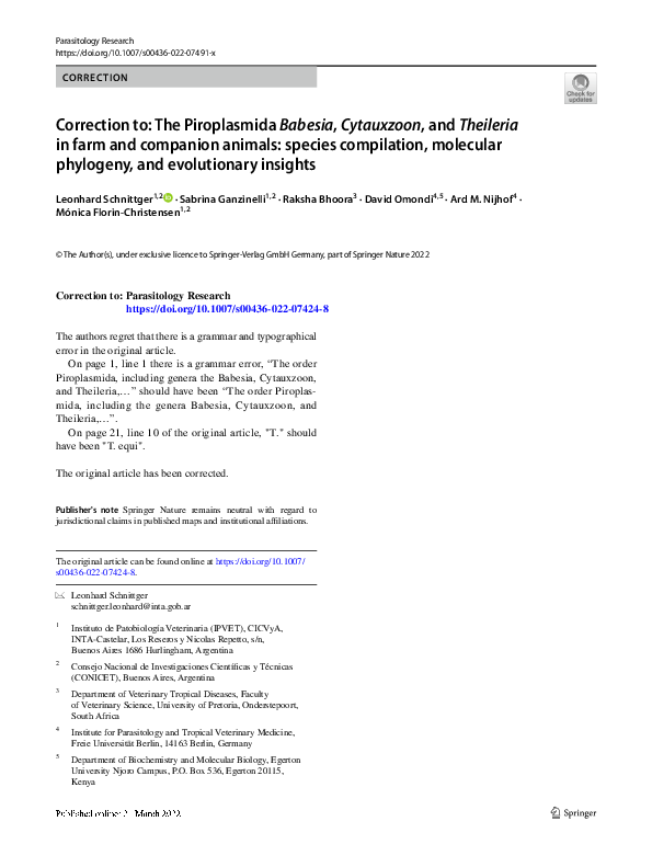 (PDF) Correction to: The Piroplasmida Babesia, Cytauxzoon, and ...