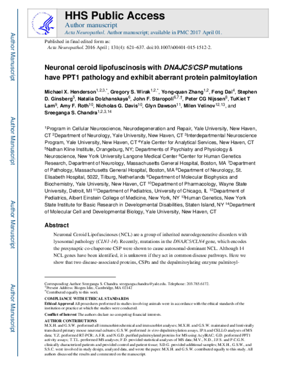(PDF) Neuronal ceroid lipofuscinosis with DNAJC5/CSPα mutation has PPT1 ...