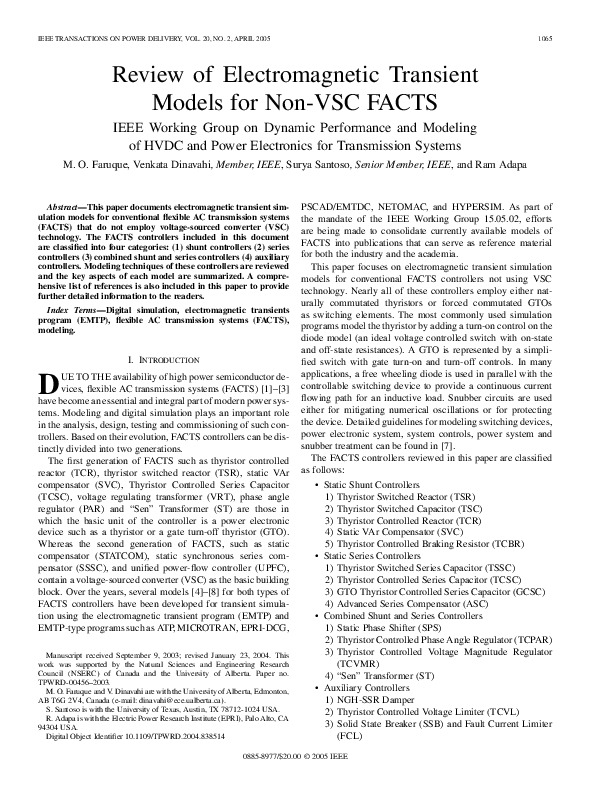 (PDF) Review of Electromagnetic Transient Models for Non-VSC FACTS IEEE ...