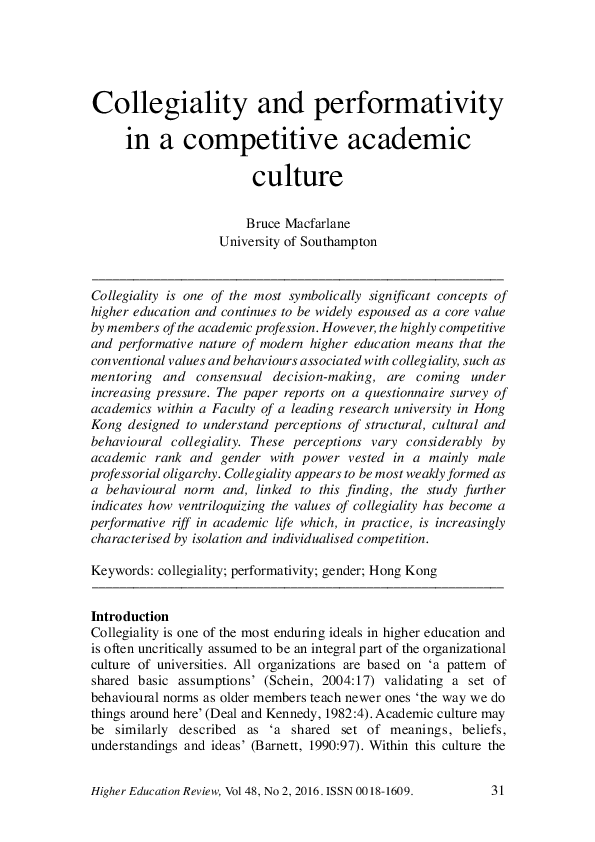(PDF) Collegiality and performativity in a competitive academic culture
