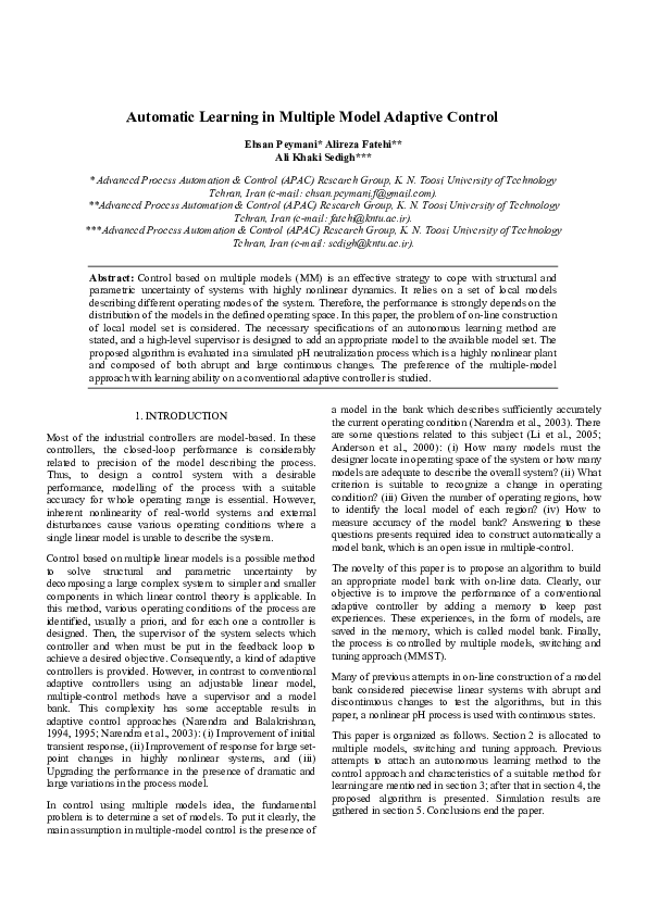 (PDF) Automatic learning in multiple model adaptive control
