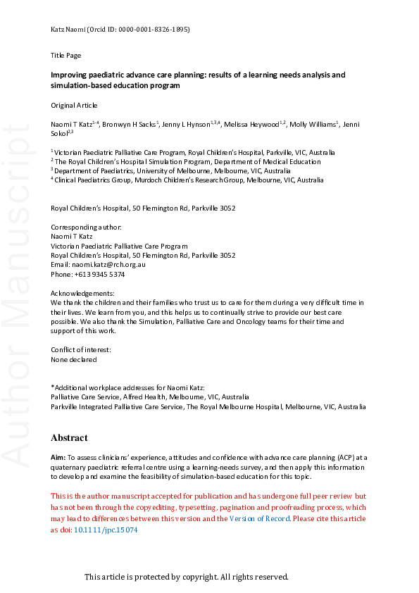 (PDF) Improving paediatric advance care planning: Results of a learning ...