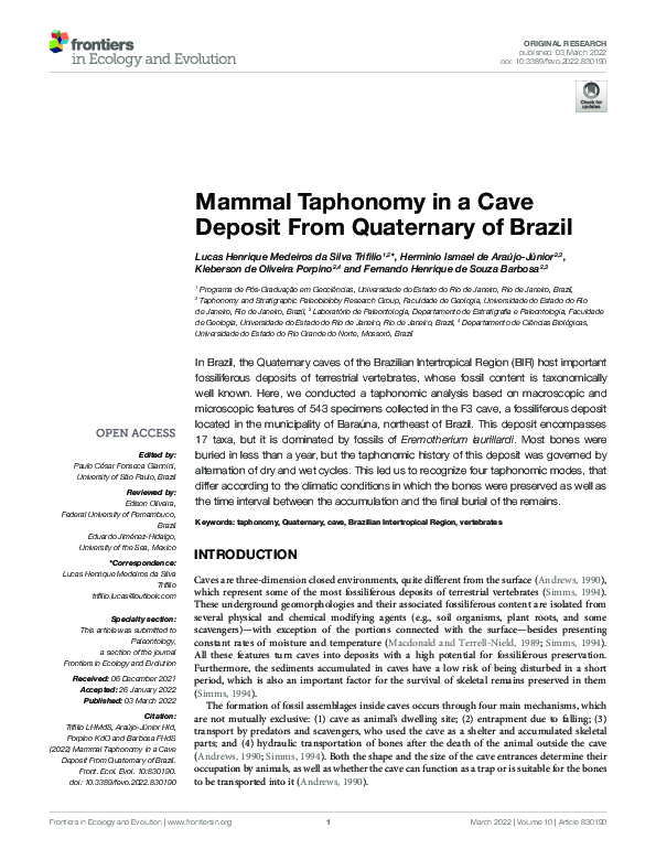(PDF) Mammal Taphonomy in a Cave Deposit From Quaternary of Brazil