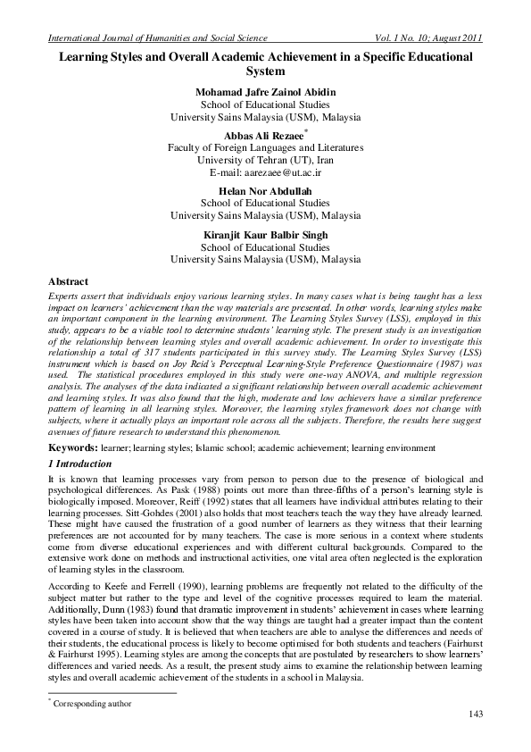 (PDF) Learning Styles and Overall Academic Achievement in a Specific ...