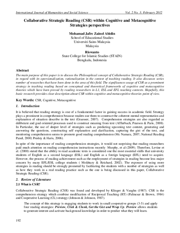 (PDF) Collaborative Strategic Reading (CSR) within cognitive and ...