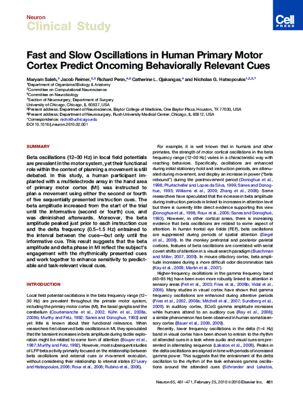 (PDF) Fast and Slow Oscillations in Human Primary Motor Cortex Predict ...