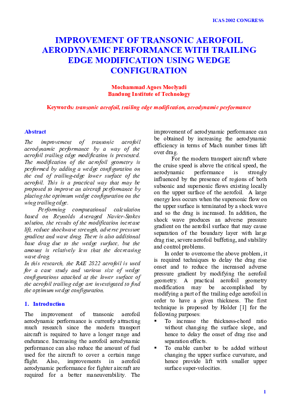 (PDF) Improvement of Transonic Aerofoil Aerodynamic Performance with Trailing Edge Modification ...