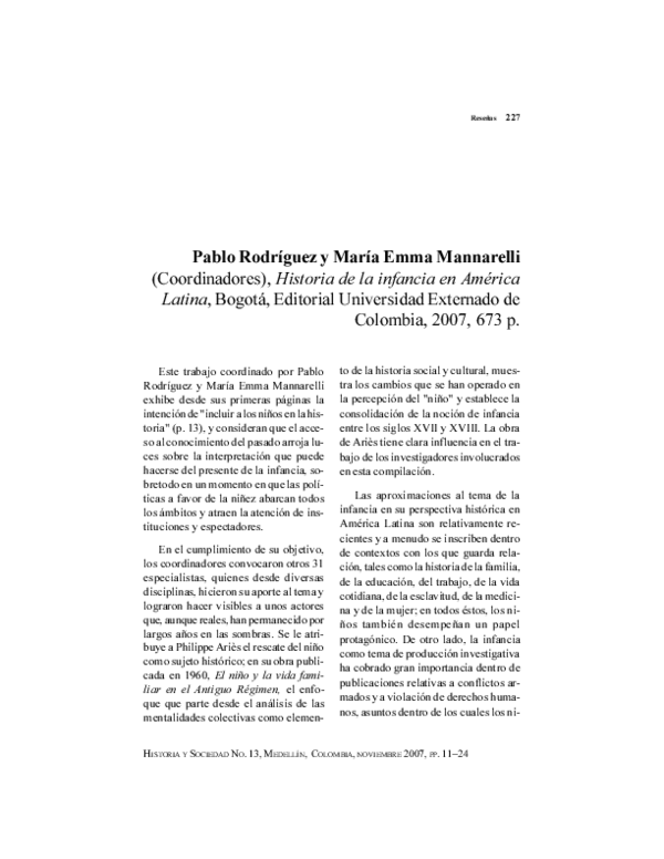 (PDF) Pablo Rodríguez y María Emma Mannarelli, Historia de la infancia en América Latina