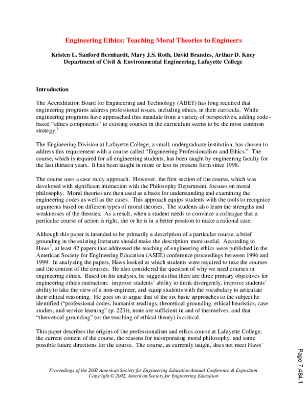 (PDF) Engineering Ethics: Teaching Moral Theories To Engineers