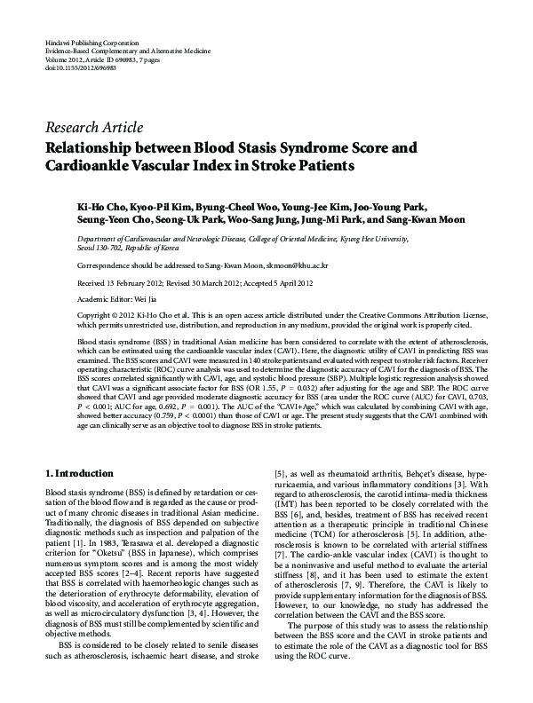 (PDF) Relationship between Blood Stasis Syndrome Score and Cardioankle ...
