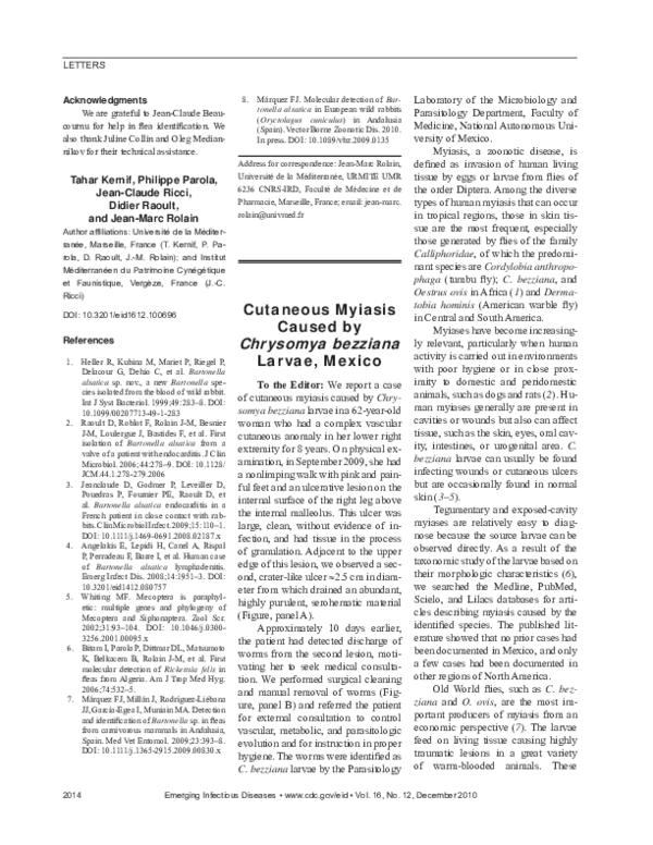 (PDF) Cutaneous Myiasis Caused by Chrysomya bezziana Larvae, Mexico