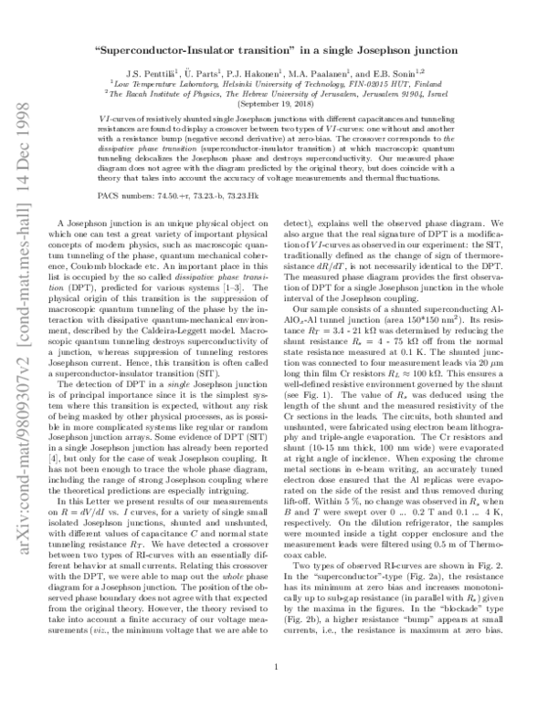 (PDF) Superconductor–insulator transition in a single Josephson junction | Sung Chung - Academia.edu