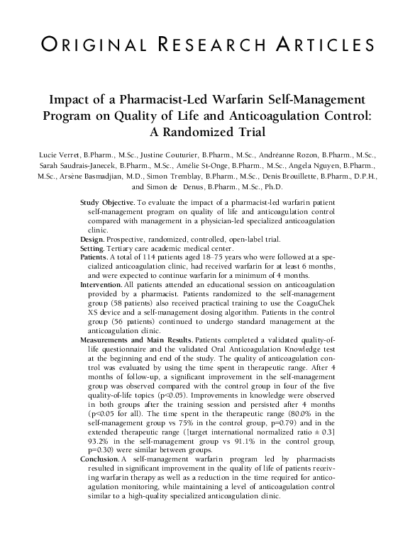 (PDF) Impact of a Pharmacist-Led Warfarin Self-Management Program on Quality of Life and ...