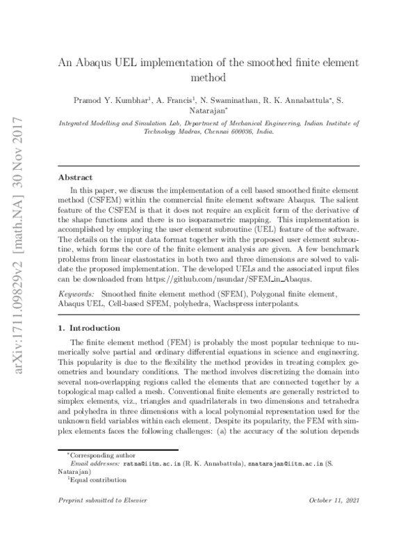 Pdf An Abaqus Uel Implementation Of The Smoothed Finite Element Method