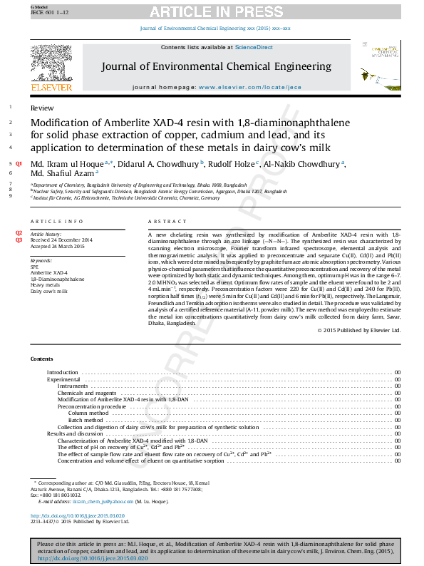 (PDF) Modification of Amberlite XAD-4 resin with 1,8-diaminonaphthalene for solid phase ...