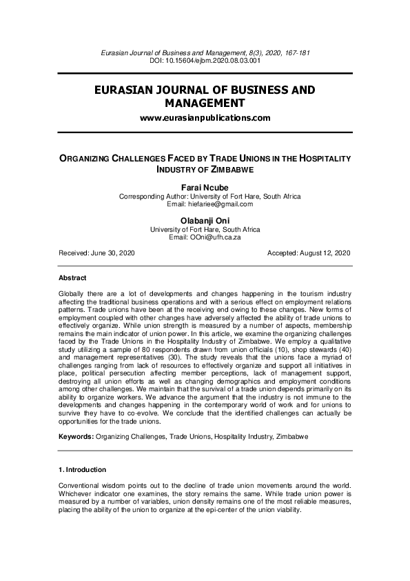 (PDF) Organizing Challenges Faced by Trade Unions in the Hospitality Industry of Zimbabwe