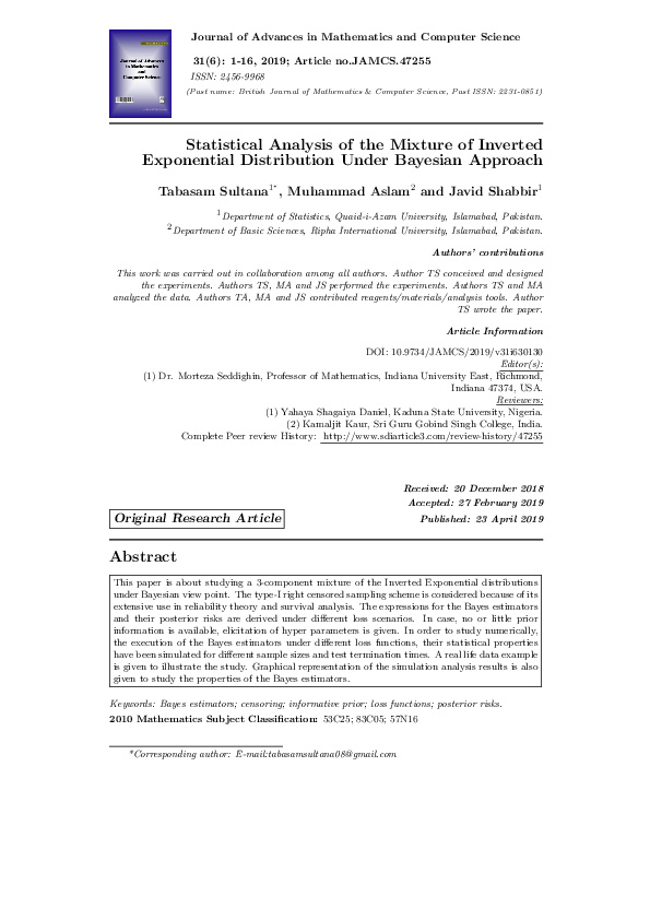Pdf Statistical Analysis Of The Mixture Of Inverted Exponential Distribution Under Bayesian