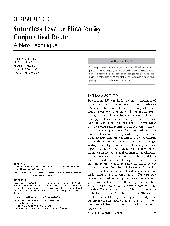 (PDF) Sutureless levator plication by conjunctival route | Kiranjit ...