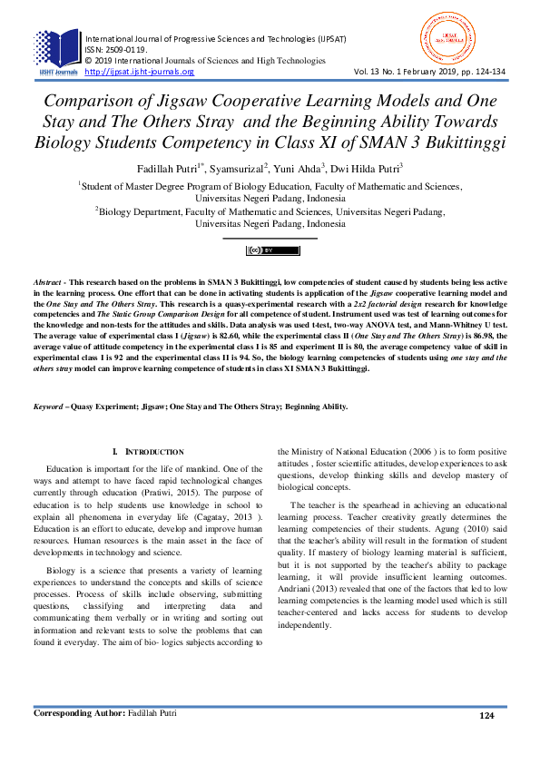 (PDF) Comparison of Jigsaw Cooperative Learning Models and One Stay and ...