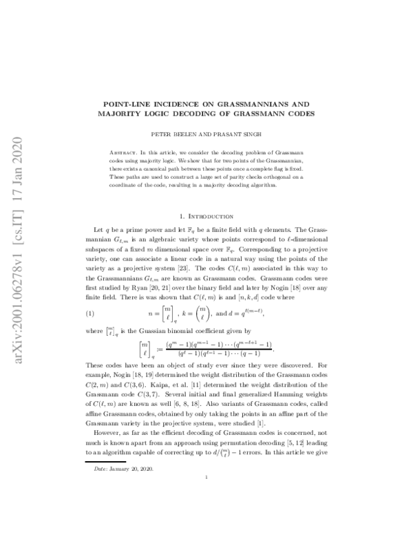 (PDF) Point-line incidence on Grassmannians and majority logic decoding of Grassmann codes