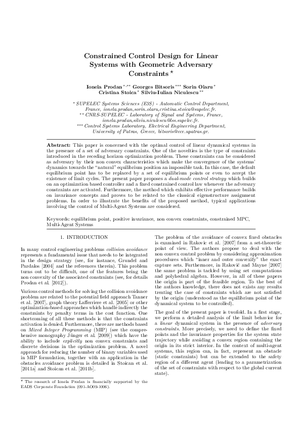 (PDF) Constrained Control Design for Linear Systems with Geometric Adversary Constraints