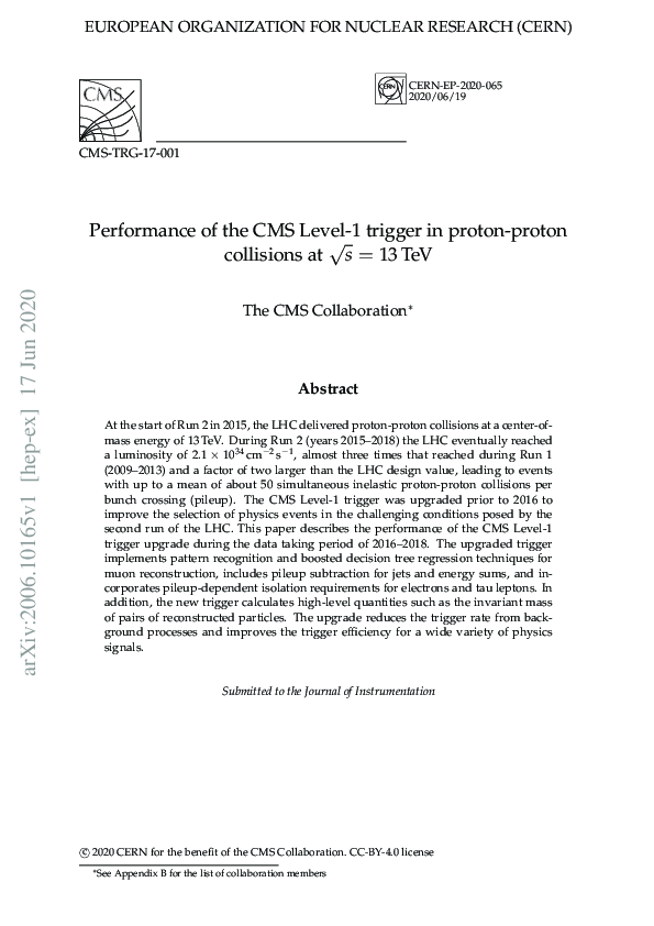 (PDF) Performance of the CMS Level-1 trigger in proton-proton collisions at √s = 13 TeV