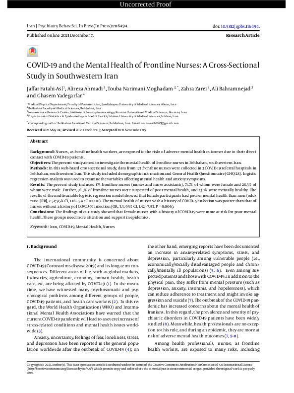 (PDF) COVID-19 and the Mental Health of Frontline Nurses: A Cross ...