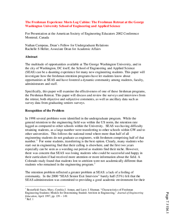 (PDF) The Freshman Experience Meets Log Cabins: The Freshmen Retreat At ...