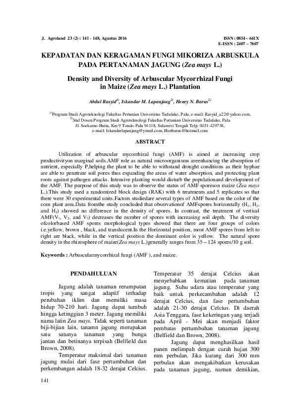 (PDF) KEPADATAN DAN KERAGAMAN FUNGI MIKORIZA ARBUSKULA PADA PERTANAMAN ...