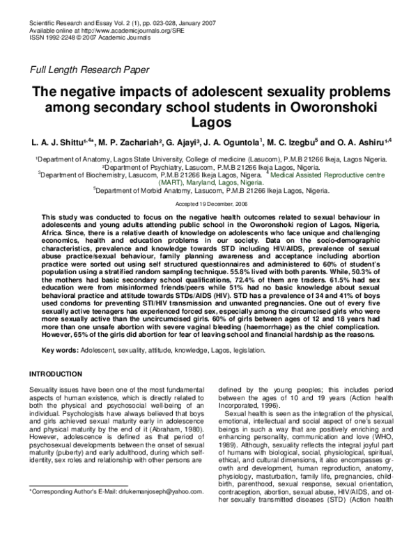 (PDF) The Negative Impacts of Adolescent Sexuality Problems Among ...