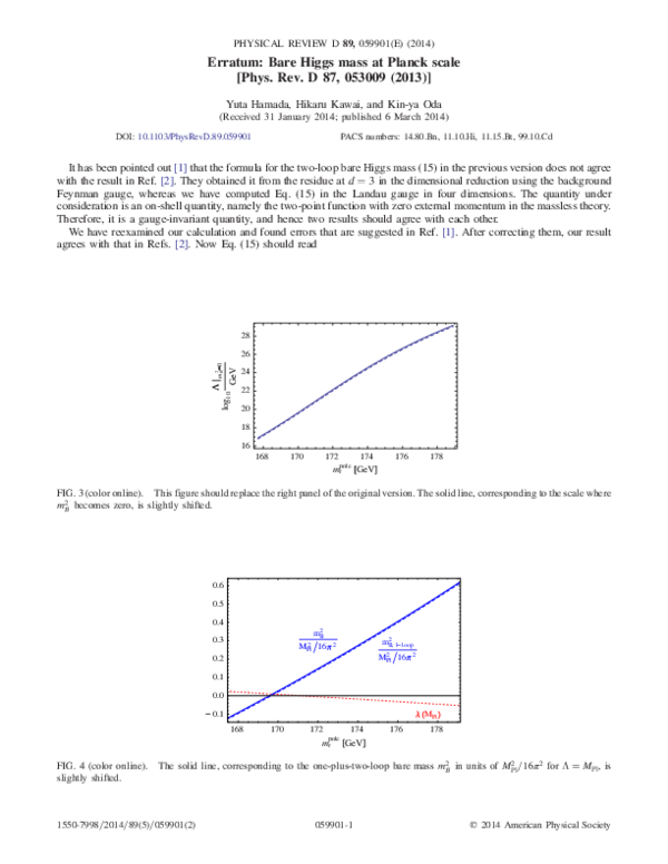 (PDF) Erratum: Bare Higgs mass at Planck scale [Phys. Rev. D 87, 053009 (2013)]