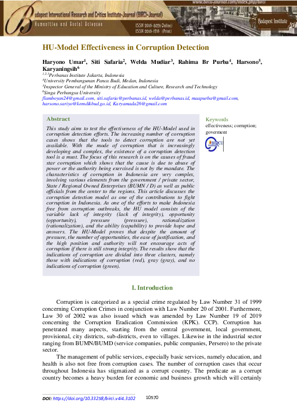 (PDF) HU-Model Effectiveness in Corruption Detection
