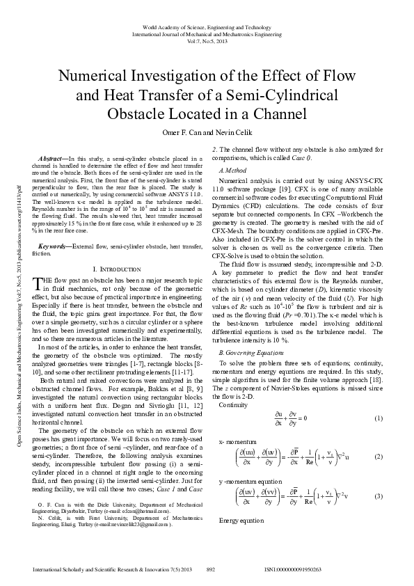 (PDF) Numerical Investigation Of The Effect Of Flow And Heat Transfer Of A Semi-Cylindrical ...