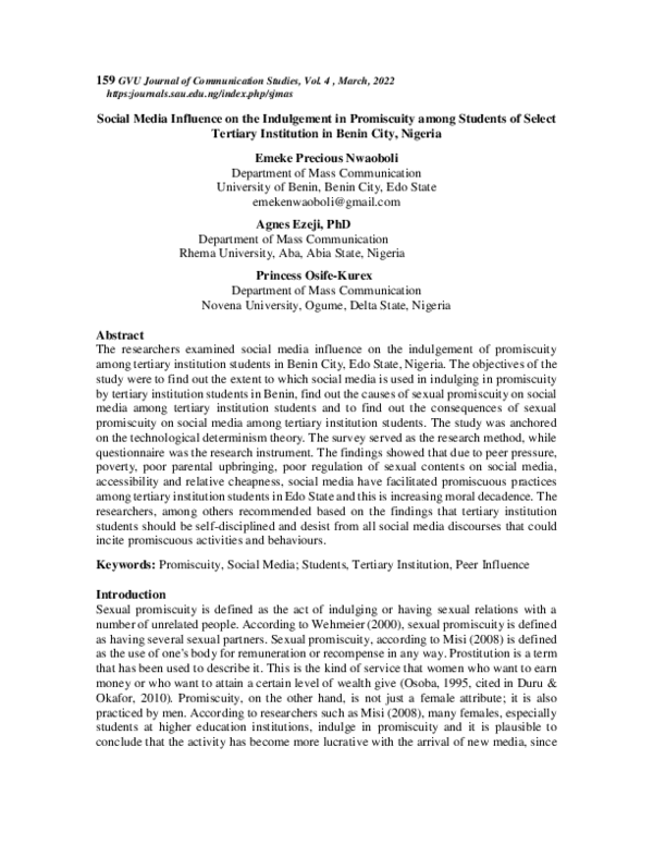 (PDF) Social Media Influence on the Indulgement in Promiscuity among ...